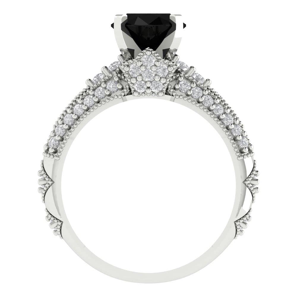 2.10ct Round Cut Laser Engraving Pave Natural Black Onyx Engagement Bridal Wedding Ring Band set Solid 18K White Gold Size 8