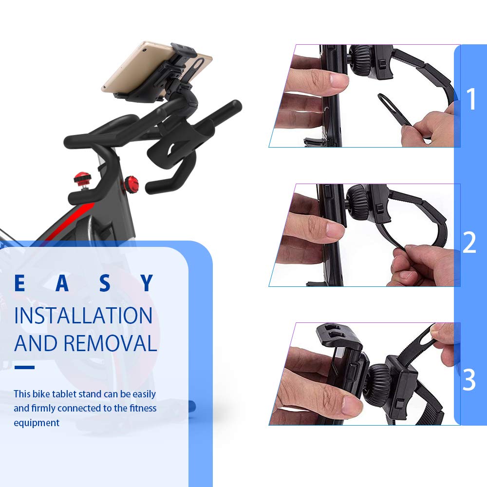 TEKCAM Bike Tablet Holder Handlebar Mount Compatible with iPad iPhone Kindle 360°, 3.5'' to 12'' Cradle Tablet Stand for Gym Exercise Tread Mill Spin Bike Elliptical MTB Motorcycle,(Need Install)