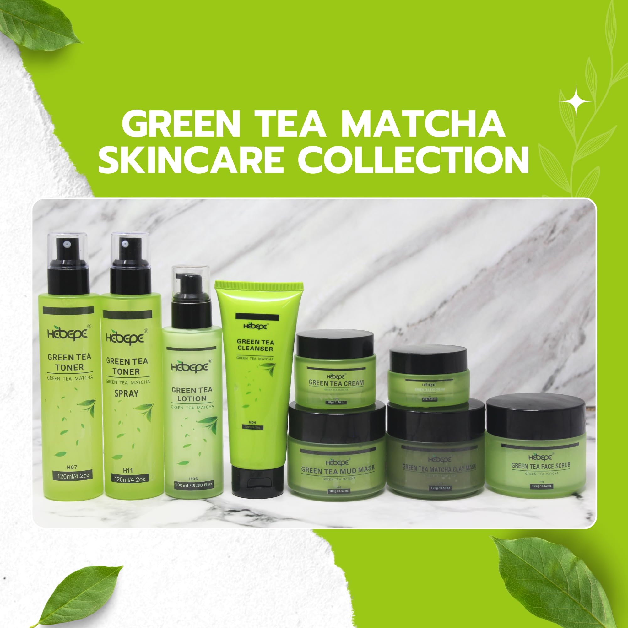 Hebepe Green Tea Matcha Facial Toner, Refreshing, and Soothing Face Toner, with Hyaluronic Acid, White Willow, Honeysuckle, Grapefruit Extract, Rosemary, 120ml