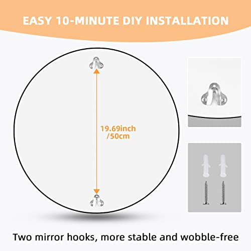 A.T.Lums 24 Inch Black Round Mirror, Wall Mounted Circle Mirror with Metal Frame, Suitable for Bathroom, Vanity, Entryway, Living Room, Wall Decor
