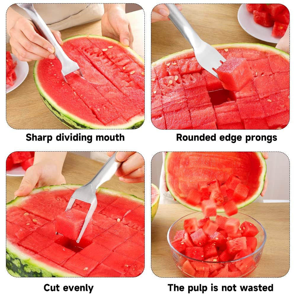 2-in-1 Stainless Steel Fruit Cutter, 2024 New Watermelon Fork Slicer Cutter Slicer Tool, 2PCS Dual Head Fruit Forks Slicer Knife for Home Kitchen Gadget(2PCS)