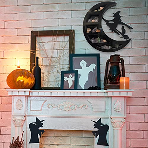 A/R Witch on The Moon Crystal Shelf, Wooden Crystal Display Shelf PVC Moon Shelf Black Witch Design Crystal Display Shelf Gothic Decorations for Living Room