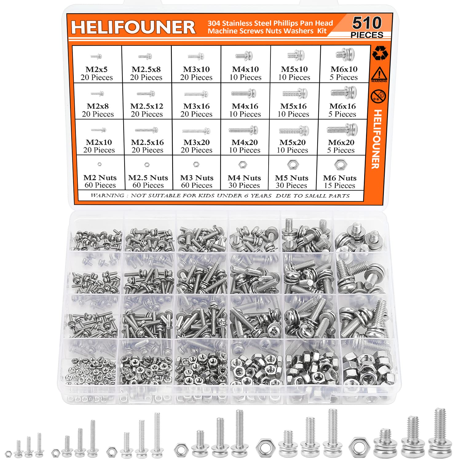 HELIFOUNER 510 Pieces Phillips Pan Head Machine Screws Nuts Washers Assortment Kit, Stainless Steel 304, Full Thread (M2 M2.5 M3 M4 M5 M6)