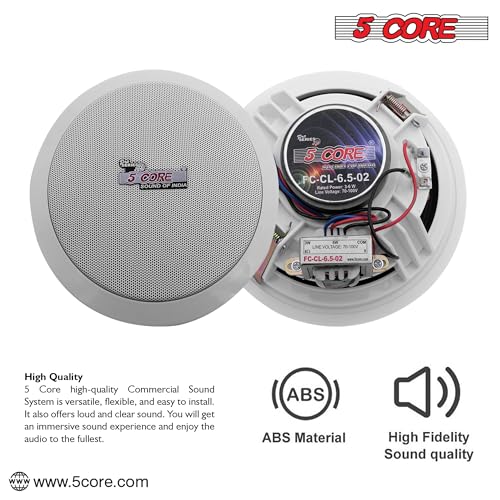 5 CORE 6.5β Inch Outdoor Indoor in Ceiling Speaker, Flush Mount in Wall Universal Speakers Waterproof for Paging Restaurant, Placement, Covered Porches CL 6.5-12 2W 6PCS