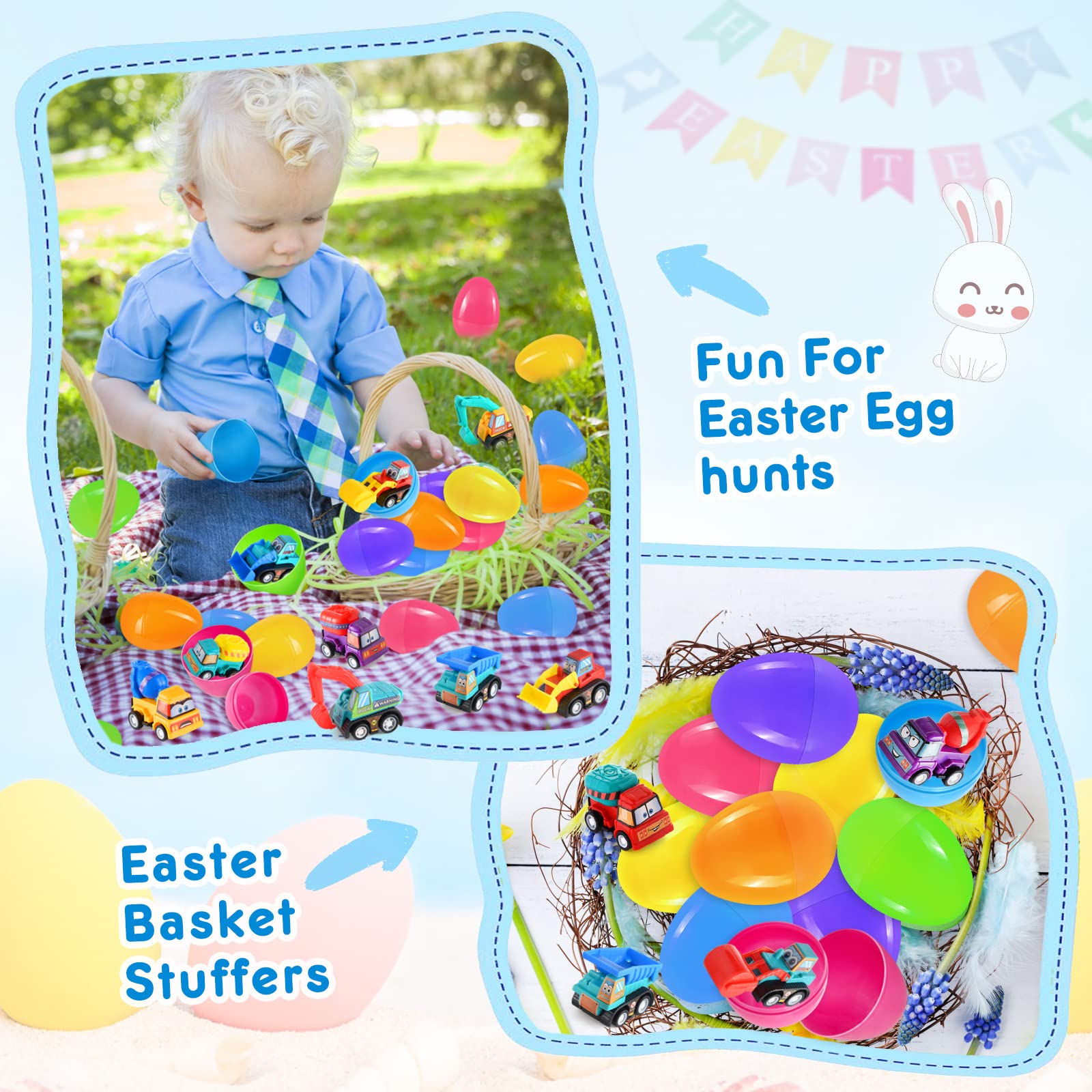 24 Pack Plastic Easter Eggs and Cars for Easter Egg Hunt, Play Pull Back Construction Car Toys, Easter Basket Stuffers, Classroom Prize Supplies, Easter Party Favors for Kids Boys Girls Toddlers