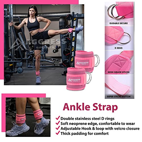 Aggress Sports Barbell Pad Set of 8 β Barbell Squat Pad for Hip Thrust, Lunges with 2 Gym Ankle Straps, Hip Resistance Band β Durable Gym Accessories for Women Includes Carry Bag, Towel, pink