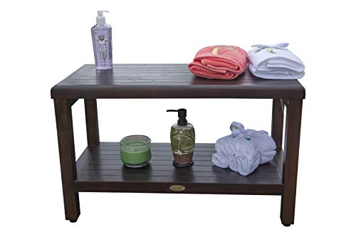 DecoTeak Eleganto Classic Shower Bench 30" Long Natural Teak Wood Armless Shower Stool with Shelf Open Back Wood Shower Bench in Woodland Brown Finish