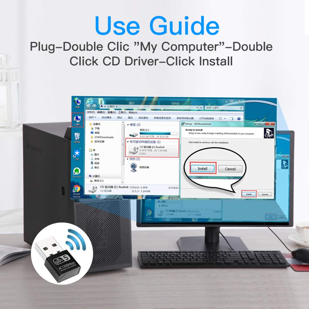 KuWFi Wireless USB Adapter, Dual Band AC1200 WiFi Adapter USB Network Card Dongle 1200Mbps 5Ghz Antenna for Desktop Laptop PC