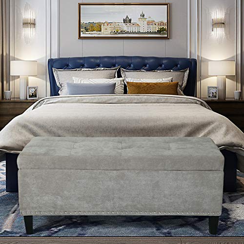 Homebeez Storage Ottoman Bench Tufted Foot Rest Stool with Nailhead Trim (Light Gray)