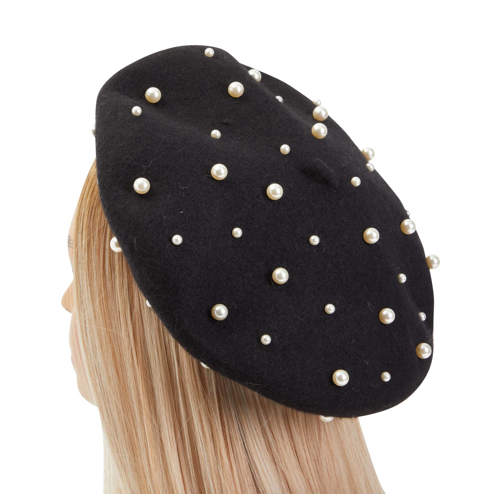 2 Pack Pearl Beret Hats for Women, Black and Pink Wool (11 Inches)