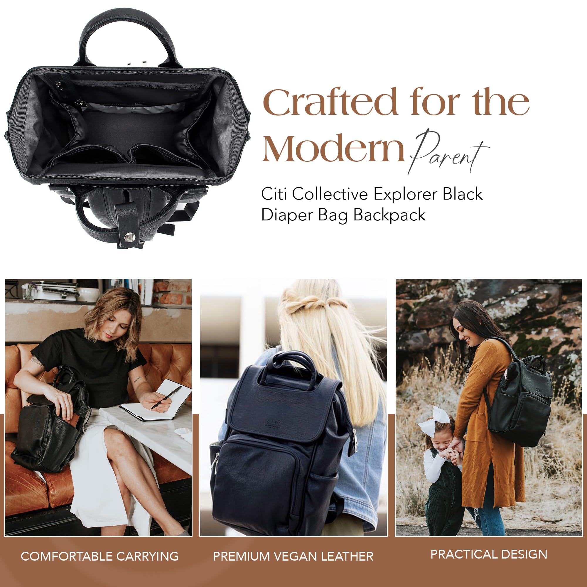 Citi Collective Explorer Black Diaper Bag Backpack - Vegan Leather Diaper Bag with Shoulder Strap, Insulated Bottle Pockets, Changing Pad, Stroller Clip- Versatile Diaper Bag for Baby