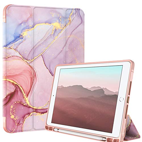 PIXIU Compatible with Pad 9.7 inch Case with Pencil Holder,pad 6th /5th Generation Cases,Full Body Protective Folio Leather Smart case Cover with Wake/Sleep Feature (Purple Marble)