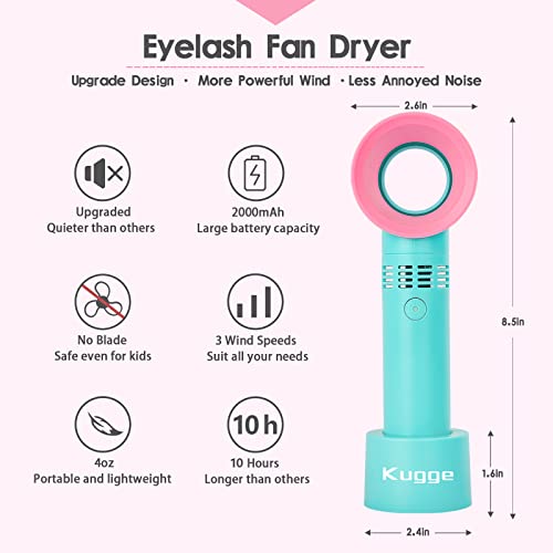 Kugge Bladeless Mini Eyelash Fan Dryer, Portable 2000mAh USB Rechargeable Handheld Lash Fan Dryer for Eyelash Extensions (Green)