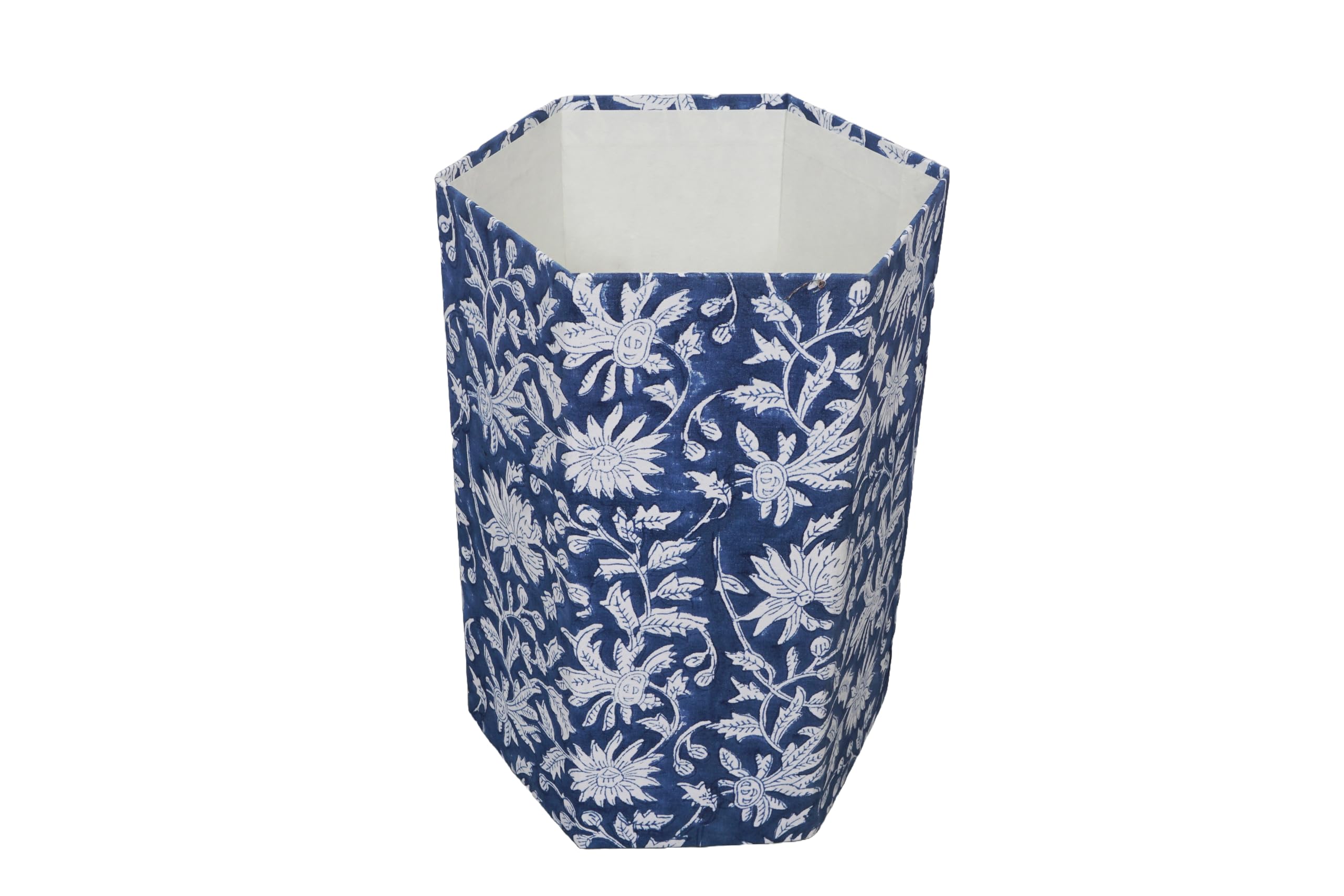 3.3 Gallon Cotton Hand Block Printed Paper Waste Basket |Small Decorative Trash Can for Housewarming Gifts in Living Room, Bedroom, Bathroom | Eco-Friendly, Plastic-Free (1, Blue White FLOWAR)