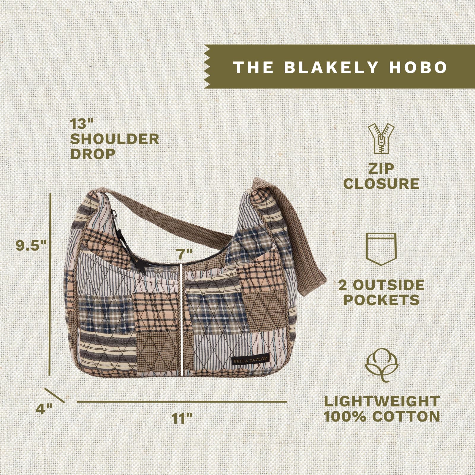 Bella Taylor Blakely - Hobo Shoulder Bag for Women - Lightweight Quilted Fabric Purse with Pockets β Rory