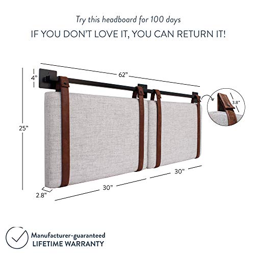 Nathan James Harlow Modern Wall Mount Hanging Upholstered Headboard, Queen, Gray with Brown Faux Leather Straps