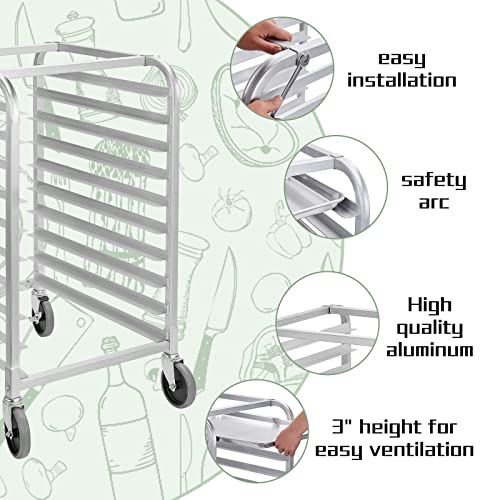 HALLY SINKS & TABLES H Bun Pan Rack 10 Tier with Wheels, Commercial Bakery Racking of Aluminum for Full & Half Sheet - Kitchen, Restaurant, Cafeteria, Pizzeria, Hotel and Home, 26" L x 20" W x 38" H