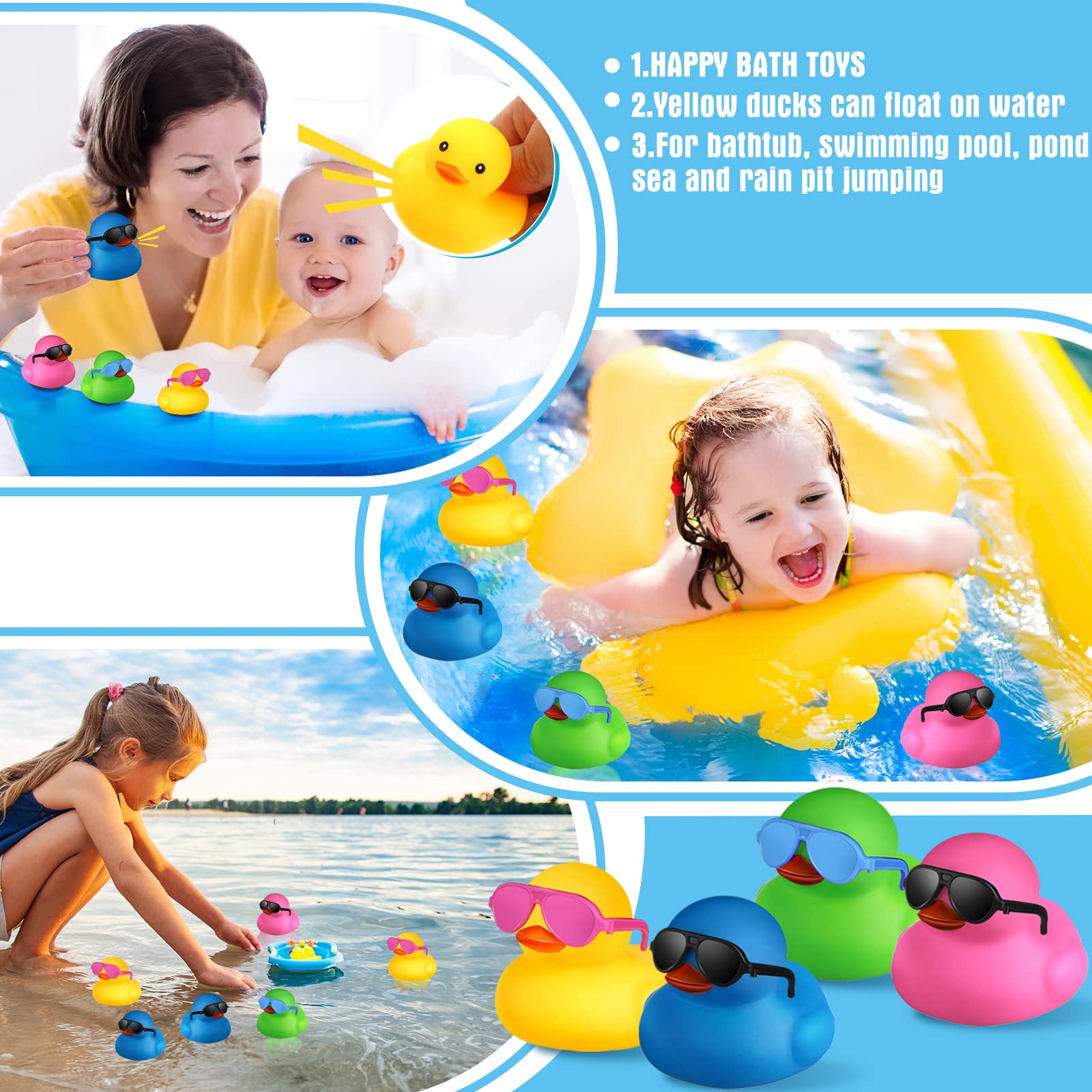 24 Pcs Mini Rubber Ducks with Sunglasses, Rubber Ducks in Bulk Valentine Duck Bathtub Toys for Cruise Valentines Kids Classroom Gift Exchange(Yellow, Blue, Pink, Black, Green, Eyeglasses)