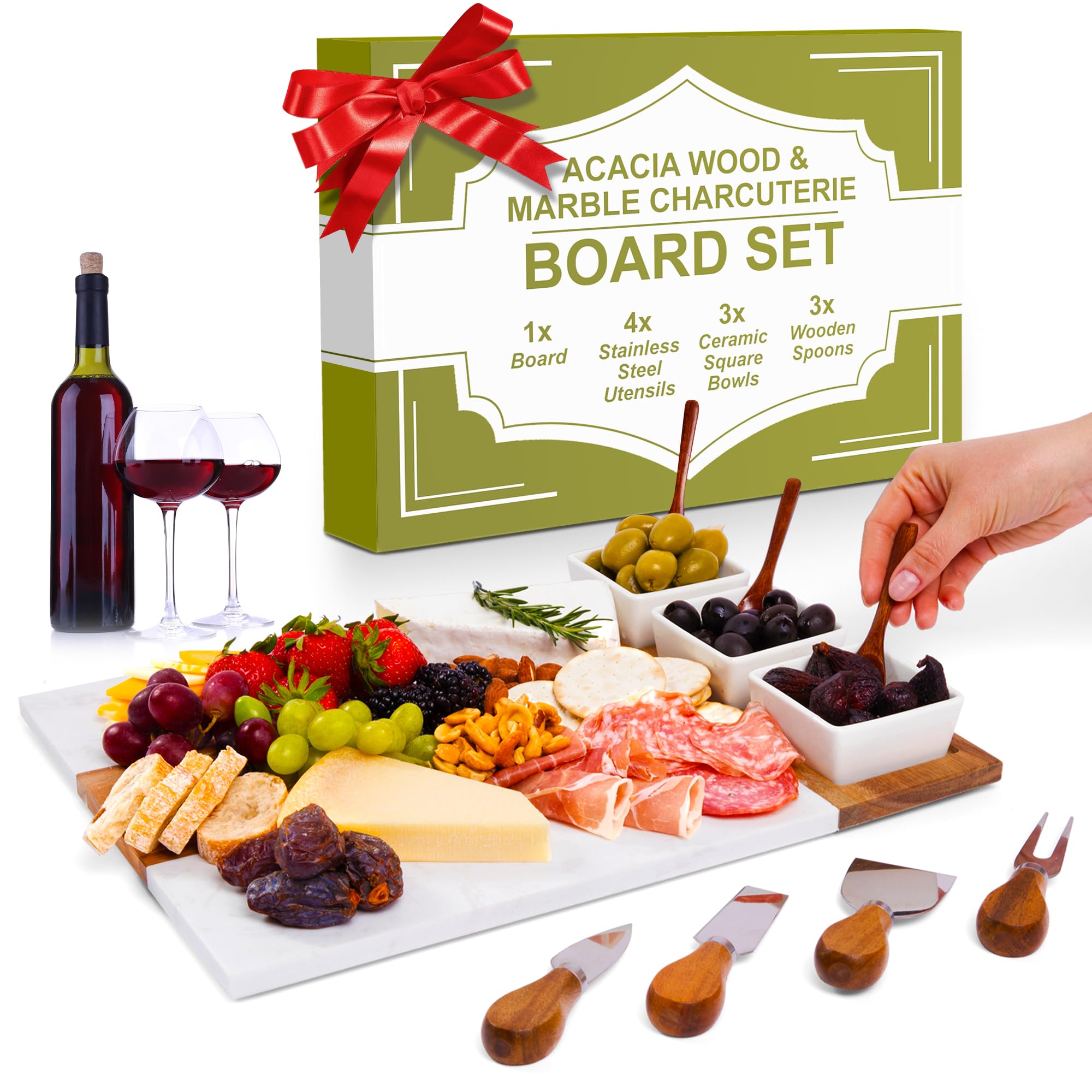 Acacia Wood and Marble Charcuterie Board Set - 11 Piece Cheese Board Serving Platter - Includes Knives, Bowls, Spoons - Gift Appetizer Board with Accessories - Housewarming and Holiday Unique Gift