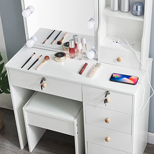 Abesthink Makeup Vanity Table with Drawers and Lights,Vanity Set Dressing Table with Charging Station and Shelves, Makeup Vanity Desk with Mirror and Cushioned Stool,White