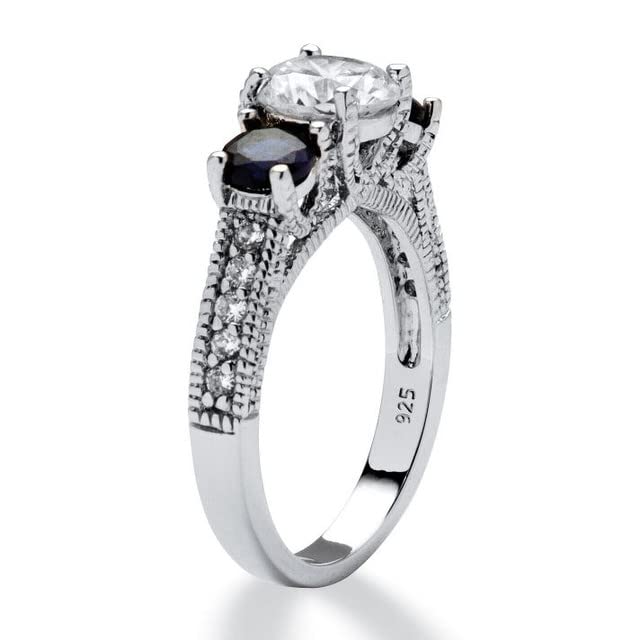 2.45 Cttw Round Shape White Cubic Zirconia & Simulated Blue Sapphire Wedding Engagement Three Stone Ring in 14K White Gold Plated 925 Sterling Silver - Ring Size - 7.5