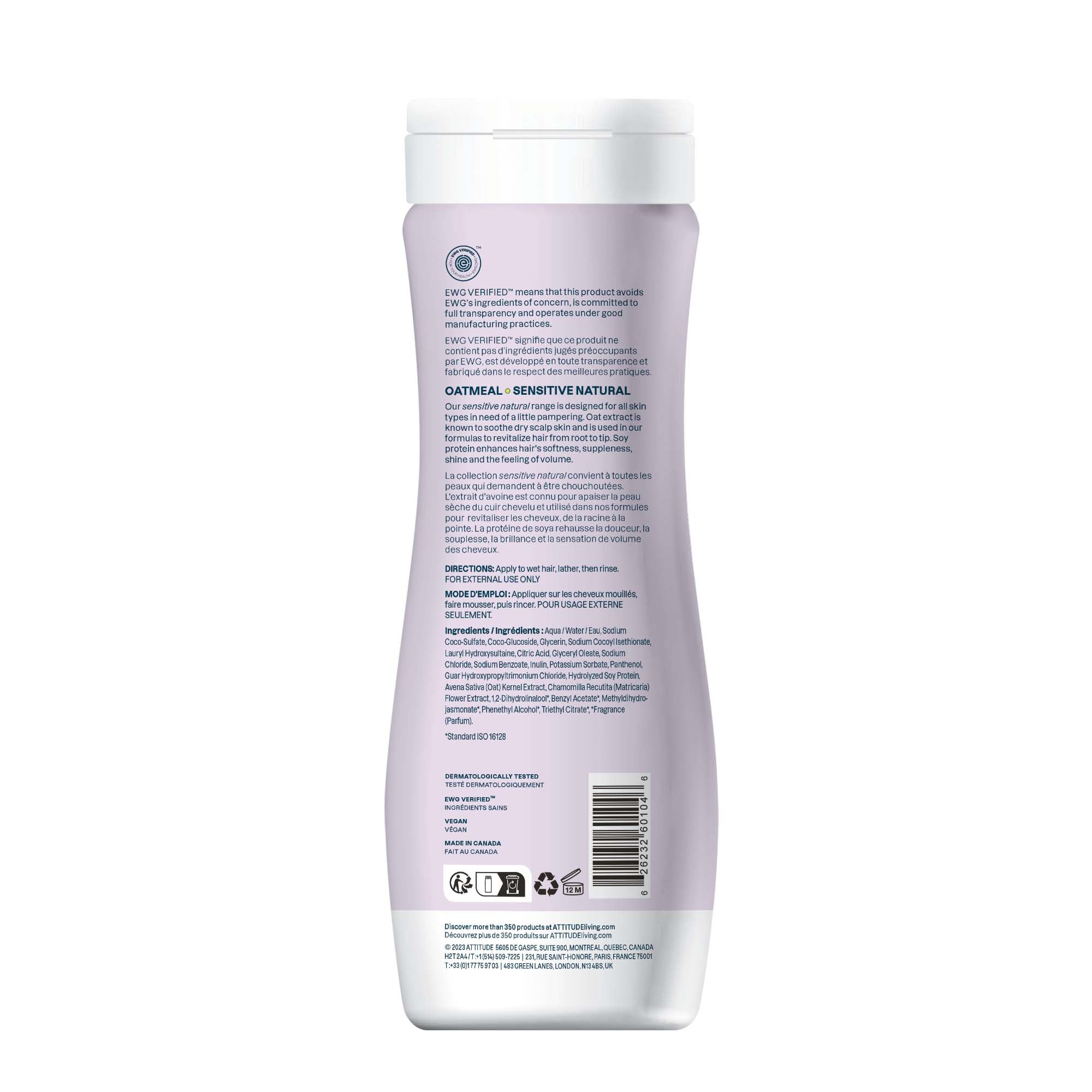 ATTITUDE Hair Shampoo for Sensitive Dry Scalp, EWG Verified, Soothing Oat, For Thin Hair, Naturally Derived Ingredients, Vegan and Plant-Based, Volume and Shine, Chamomile, 16 Fl Oz