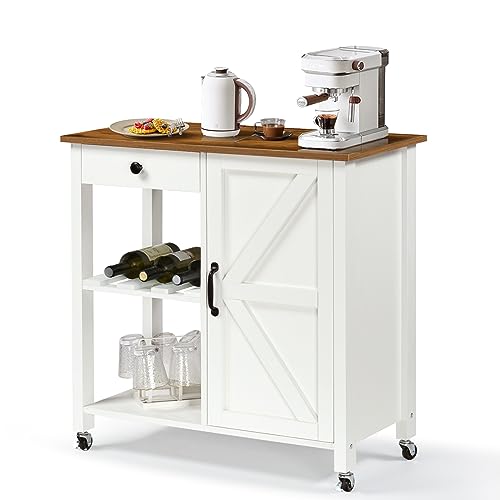 4 EVER WINNER Kitchen Island Cart on Wheel with Storage, 31" Farmhouse Island Table with Storage Drawer & Cabinet, Adjustable Shelf, Wine Rack,Rolling Small White Kitchen Coffee Cart for Dining Room