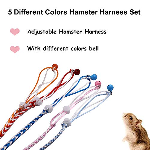 WoYous Hamster Harness 5 Pieces Adjustable Small Animal Bell Harness Rope Harness for Lead Walking Pet Gerbil, Rat, Mouse, Hamster Harness