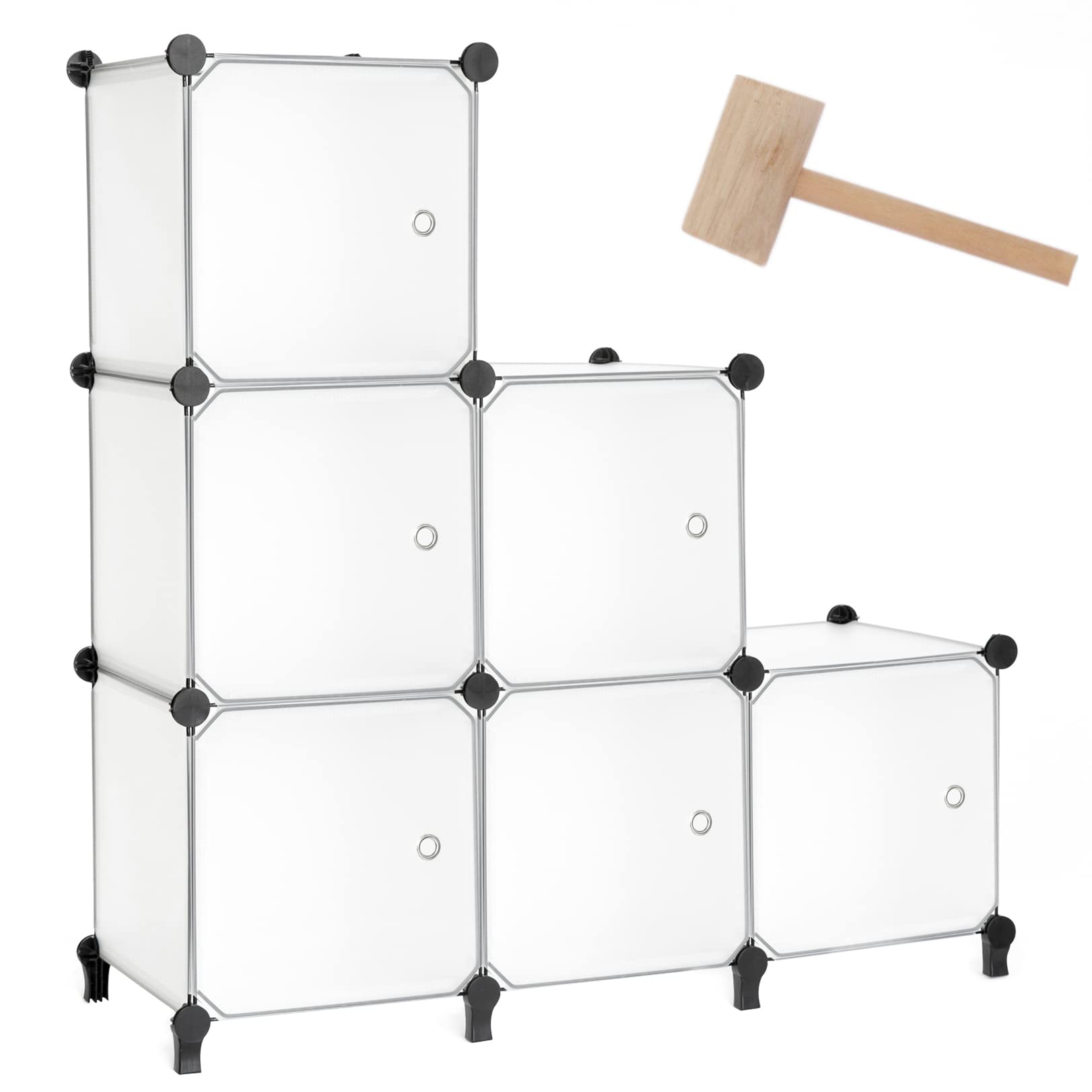AWTATOS Storage Cube Organizer with Doors, Stackable Closet Shelf for Bedroom, Clothes Shelving Rack, DIY Square 6 Cubes Bookcase, Plastic Space Saver for Home, Living Room, Office, Translucent White
