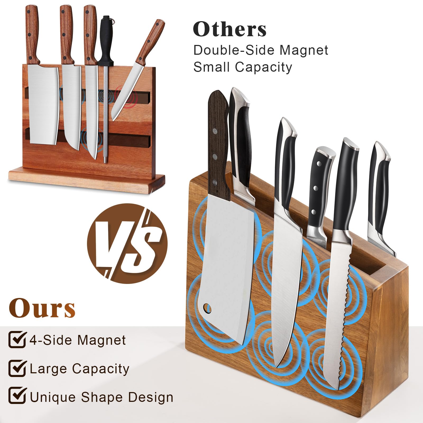 Acacomft Large Magnetic Knife Block 11.8x10 inches, 4-Side Universal Knife Holder Builted in Powerful Magnet, Natural Acacia Wood Knife Storage Organizer for Kitchen Display