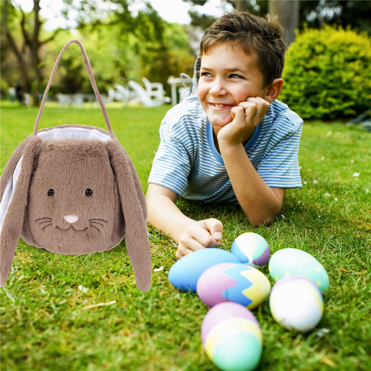Plush Easter Bunny Basket for Kids Boys Girls Easter Buckets with Long Plush Ear Personalized Egg Hunting Bags,Bunny Kids Easter Tote Bags for Easter Decorations Candy…