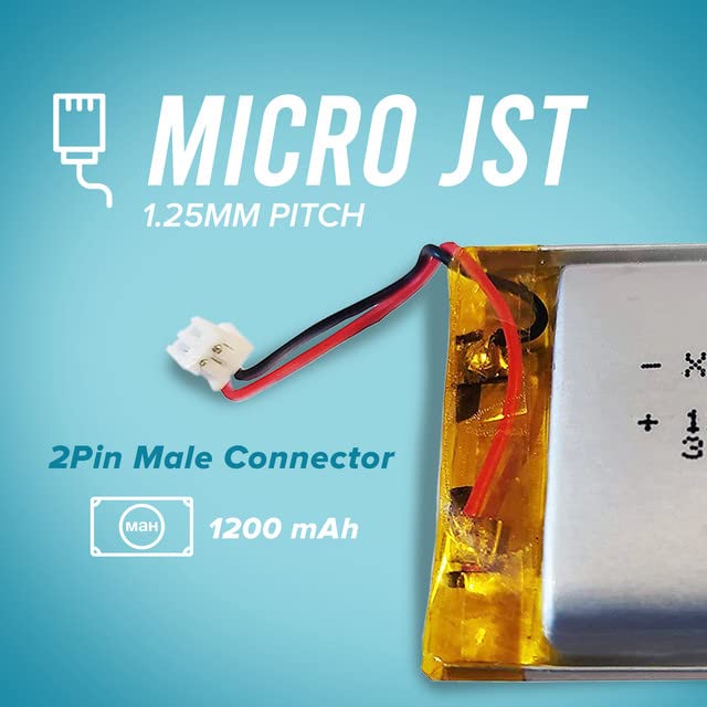 Ecologic Mart Lithium Ion Batteries, 3.7 Volt Rechargeable Battery, 1200mAh LiPo Battery, Reading Book Light Battery Replacement, 103040 Type with Micro JST 1.25mm 2Pin Male Connector