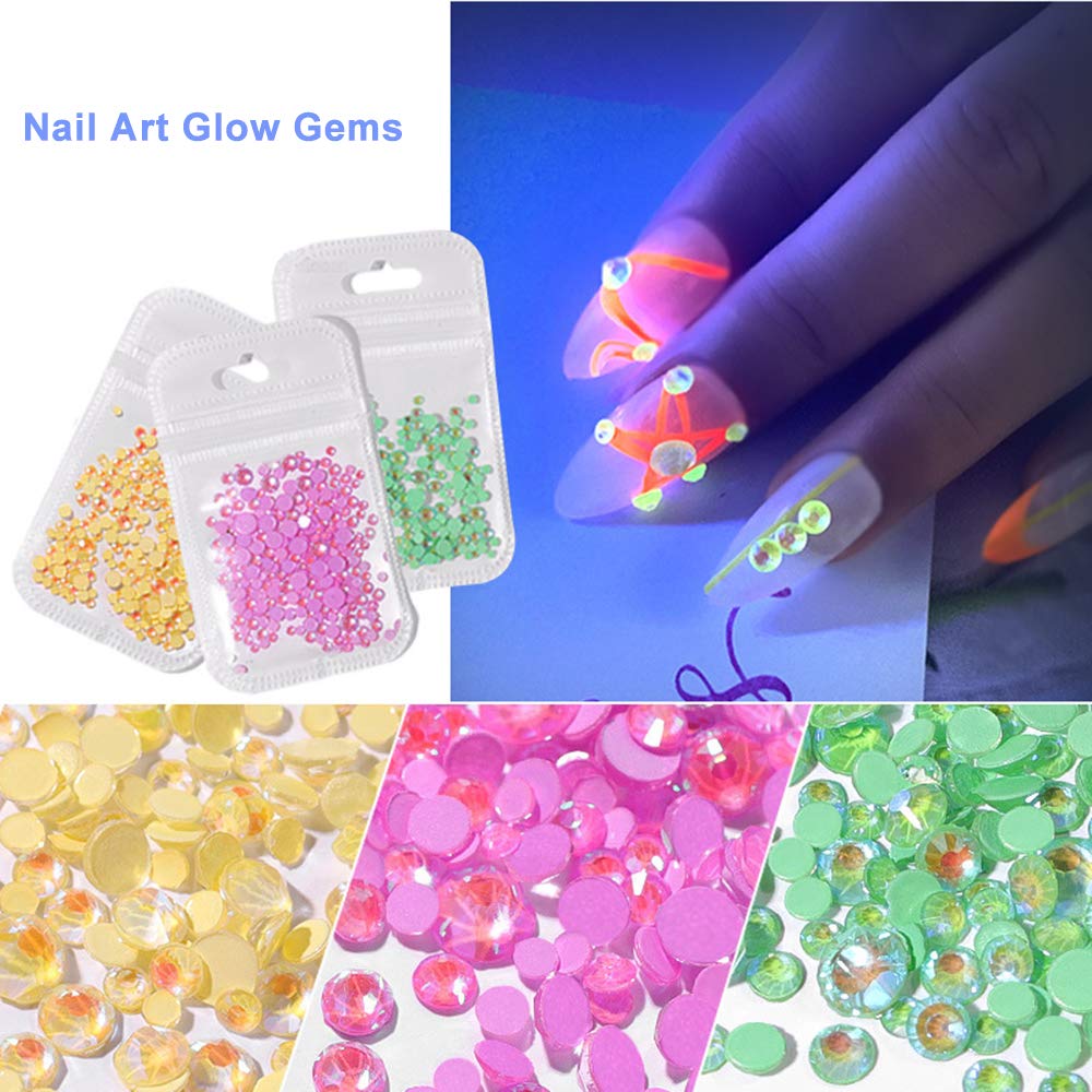 HERIS 8 Pack Mixed Glow Nail Art Rhinestones Fluorescent Diamonds Decorations Accessories Décor Crystals Gems for DIY Manicure