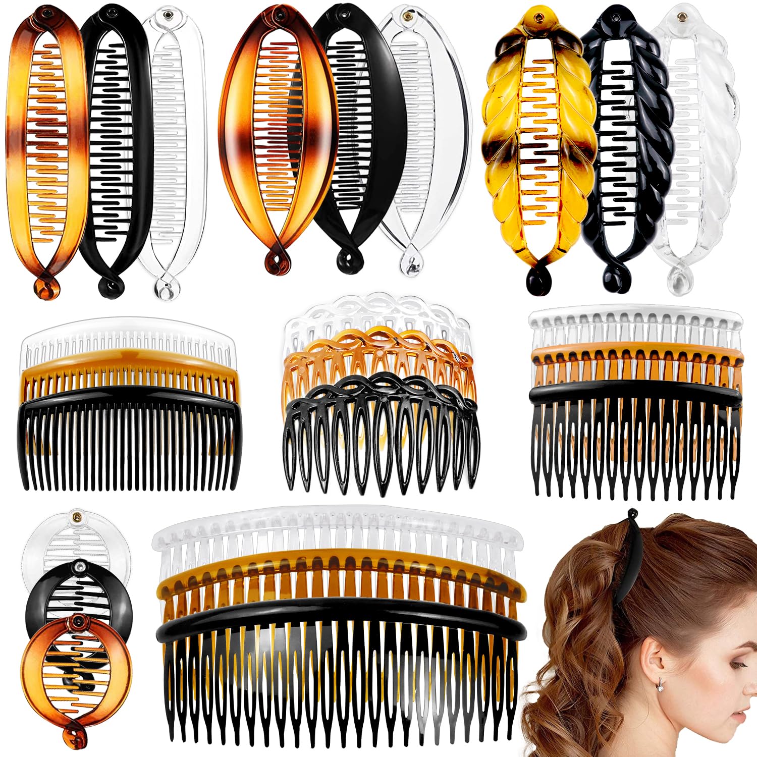24 Pieces Banana Hair Clips Hair Comb Clips Classic Banana Clips Plastic Twist Hair Side Combs Accessories with 11/16/23/24 Teeth Ponytail Banana Hair Clips for Women Girls