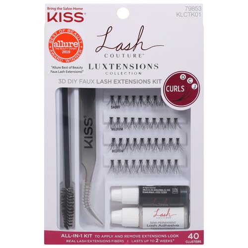 KISS Lash Couture Luxtension False Eyelashes, 'Lash Extension Kit', 12 mm, Includes 40 Wisps, Tweezers, Spoolie, Semi-Permanent Lash Adhesive And Remover, Contact Lens Friendly, Easy to Apply, Reusable Strip Lashes