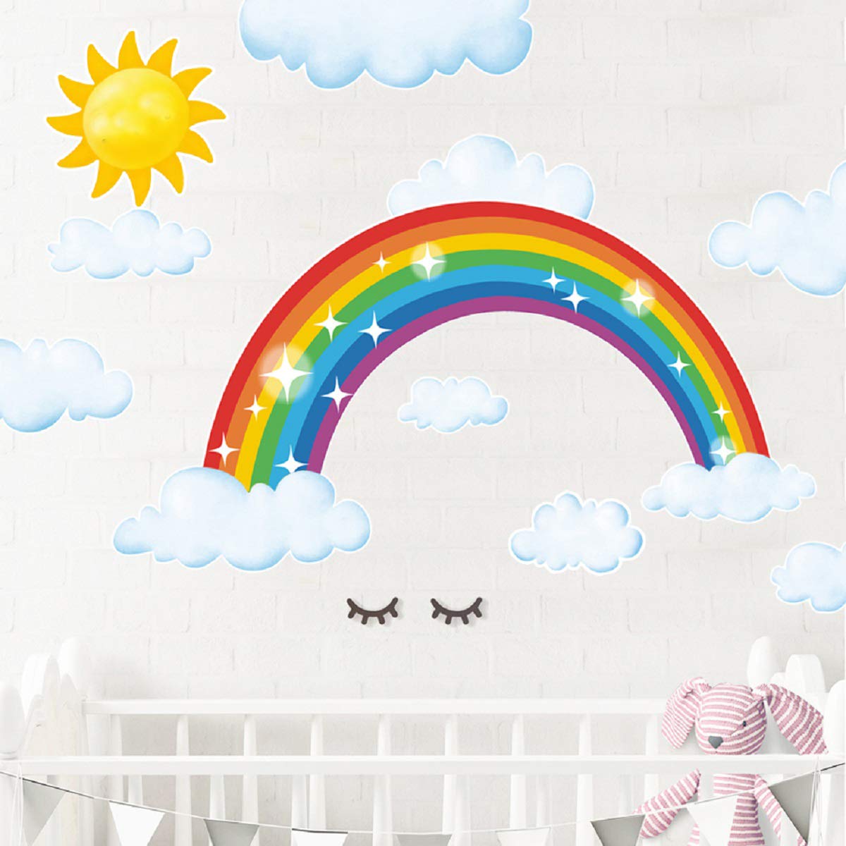 HERRA Sparkling Rainbow Cloud Animal Wall Decal Wall Sticker, Home Decor Peel and Stick Removable Rainbow Cloud Animal Wall Stickers Wall Mural for Kids Nursery Bedroom Living Room