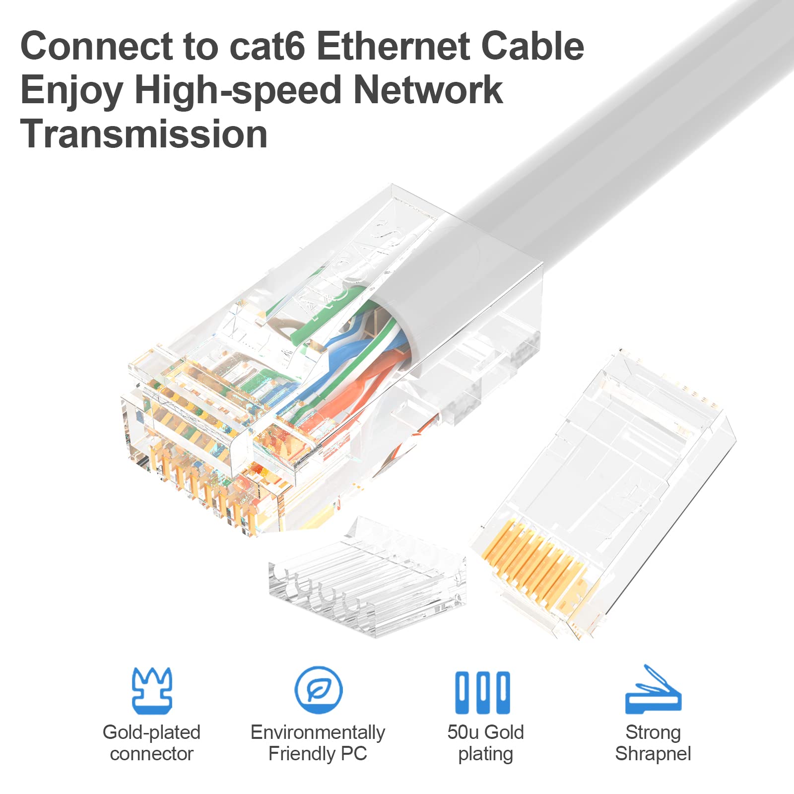AUCAS 2 Piece Cat6 RJ45 Connector, End, Modular Plug, Connection, Gold Plated 50μ 8P8C for 23-24 AWG, Wire 1.0-1.1mm UTP Unshielded Cat6 Cat5e Solid or Stranded Ethernet Network Cable, 50 Pack