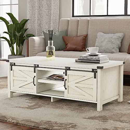 HOMFAMILIA Farmhouse Coffee Table with Sliding Barn Doors & Storage, White Rustic Wooden Center Rectangular Tables w/Adjustable Cabinet Shelves, for Bedroom, Home Office, Living Room