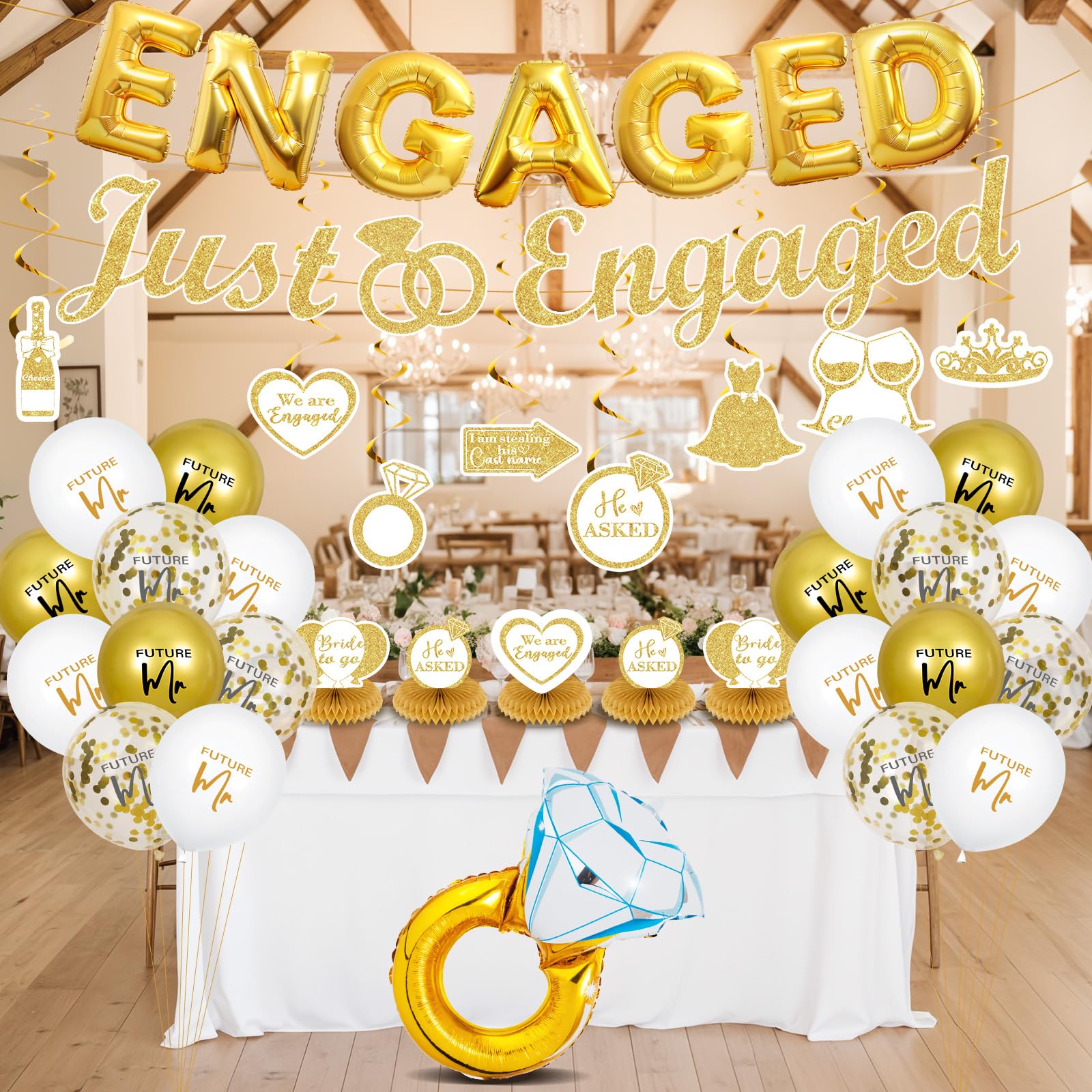 32 Pcs Gold Engagement Party Decorations Just Engaged Banner Diamond Ring Balloons White Gold Engagement Backdrop White Gold Just Married Decorations Kit for Bachelorette Bridal Engagement Party