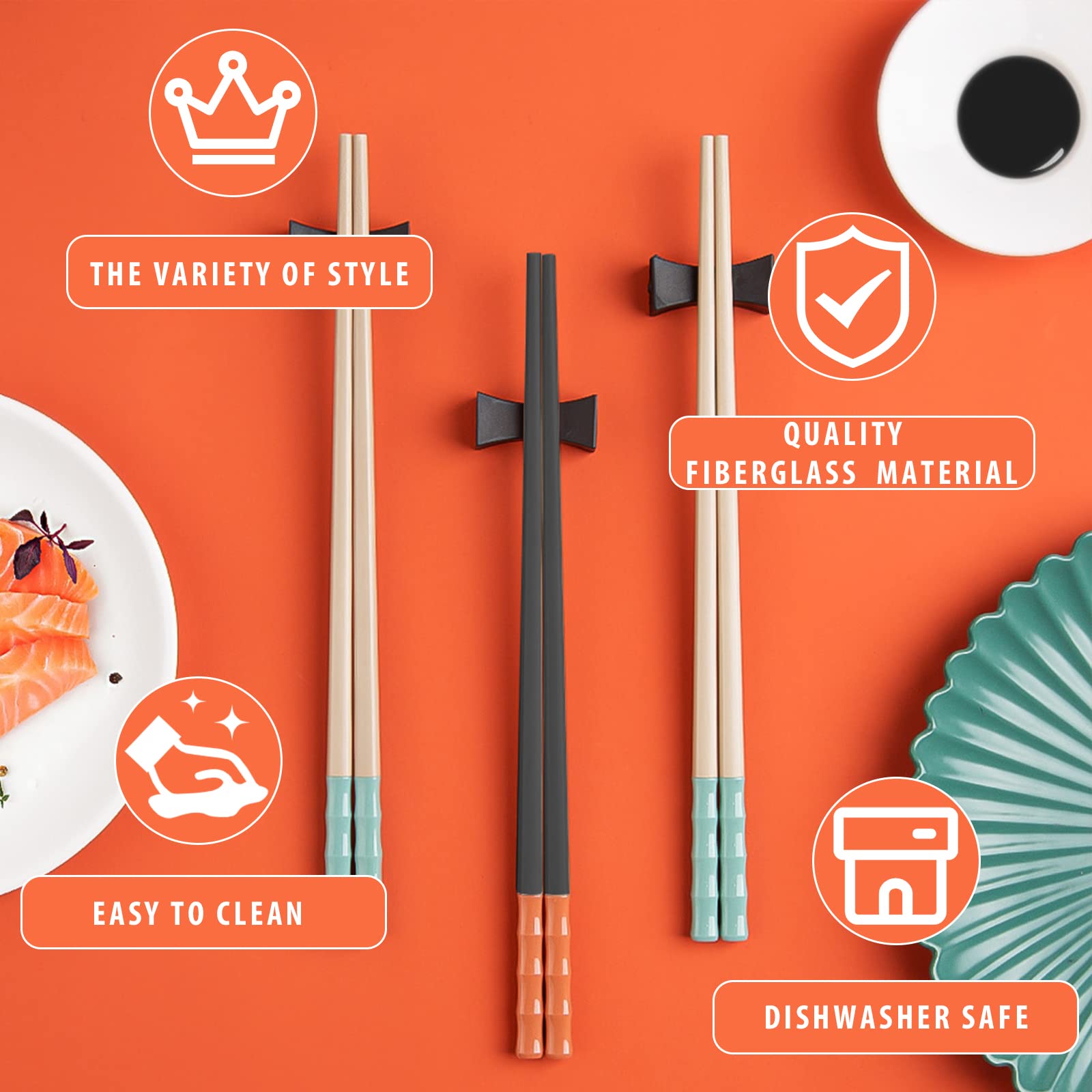 5 Pairs Family Reusable Chopsticks Dishwasher Safe, 9.6 inch/24.3cm Non-Slip Hotel/ Restaurant Japanese Chop Sticks, Chinese ChopStick Gift Set, Blue&Yellow
