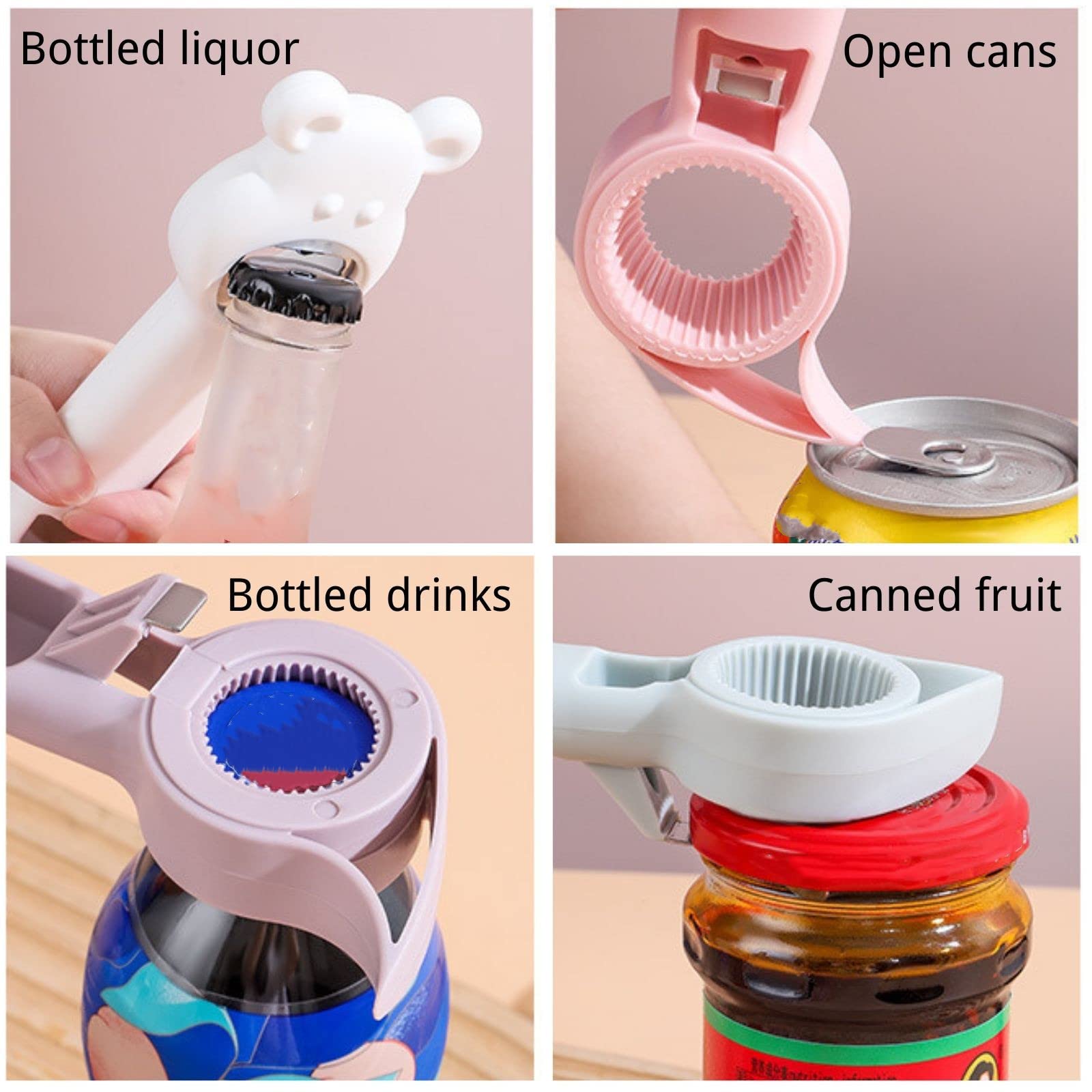 4 in 1 Beer Bottle Opener, 2 Pcs Multifunction Jar Opener,Multi Kitchen Tool for Jelly Jars, Wine, Beer and other, Bottle Opener for Children, Elderly
