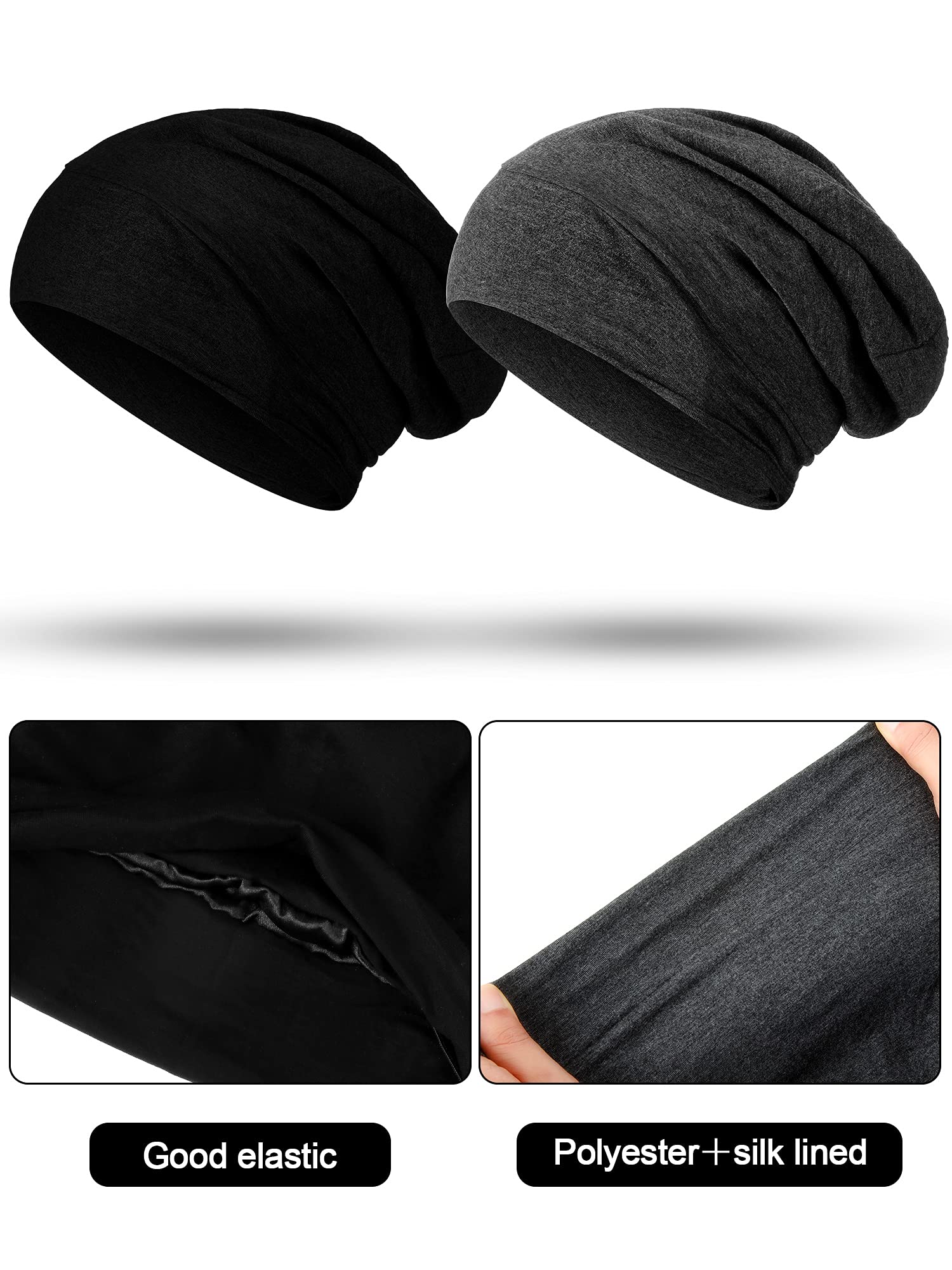 2 Pieces Satin Lined Sleep Cap Slouchy Beanie Sleeping Cap Night Skull Cap for Women Girls Black, Dark Grey