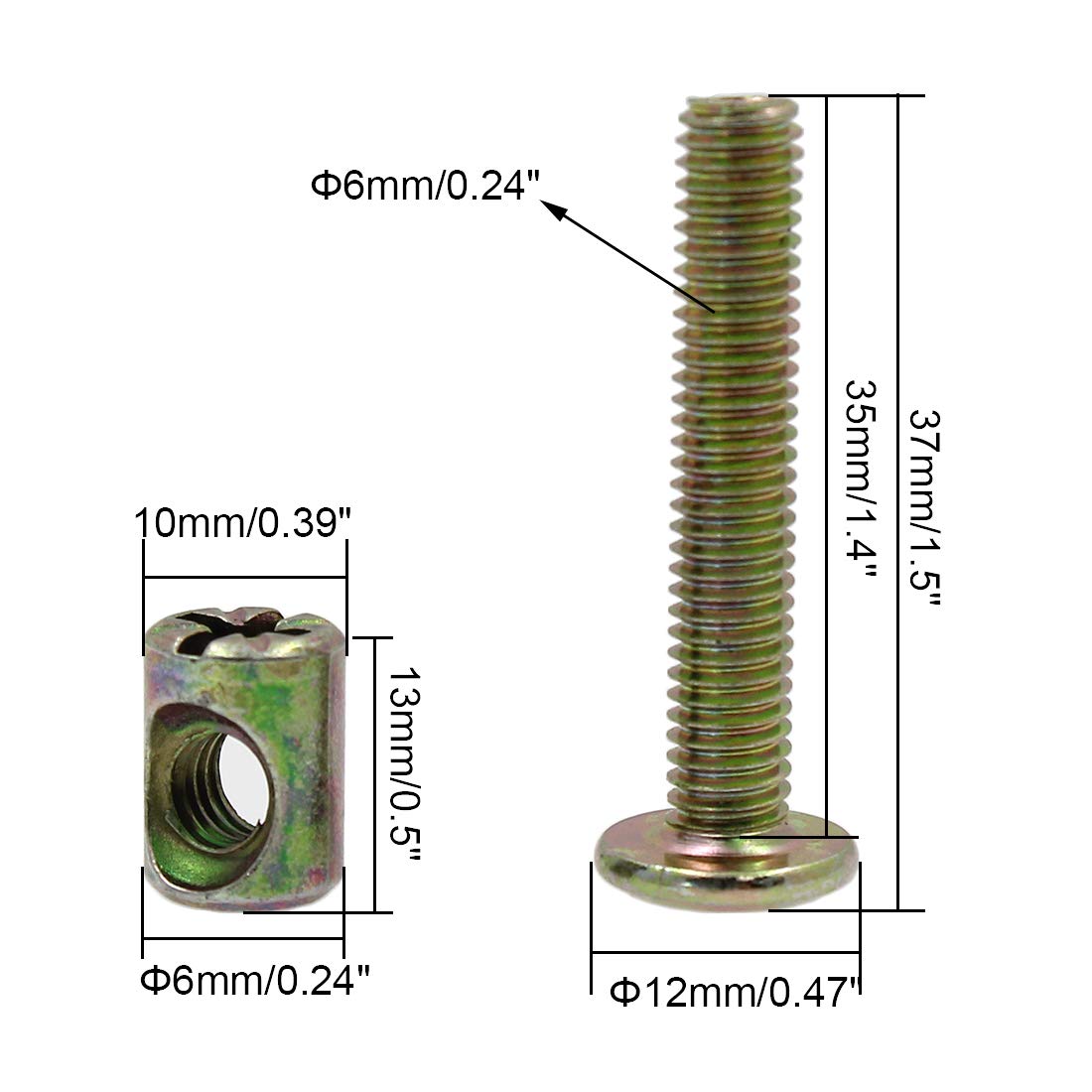 Eilumduo 20 Sets Crib Screws and Bolts, M6 x 35mm Zinc Plated Hex Socket Head Cap Screws Bolt Nuts, Barrel Bolt Nuts Hardware Replacement Kit for Furniture Cots, Beds Crib, Chairs (Philips Barrel Nut)