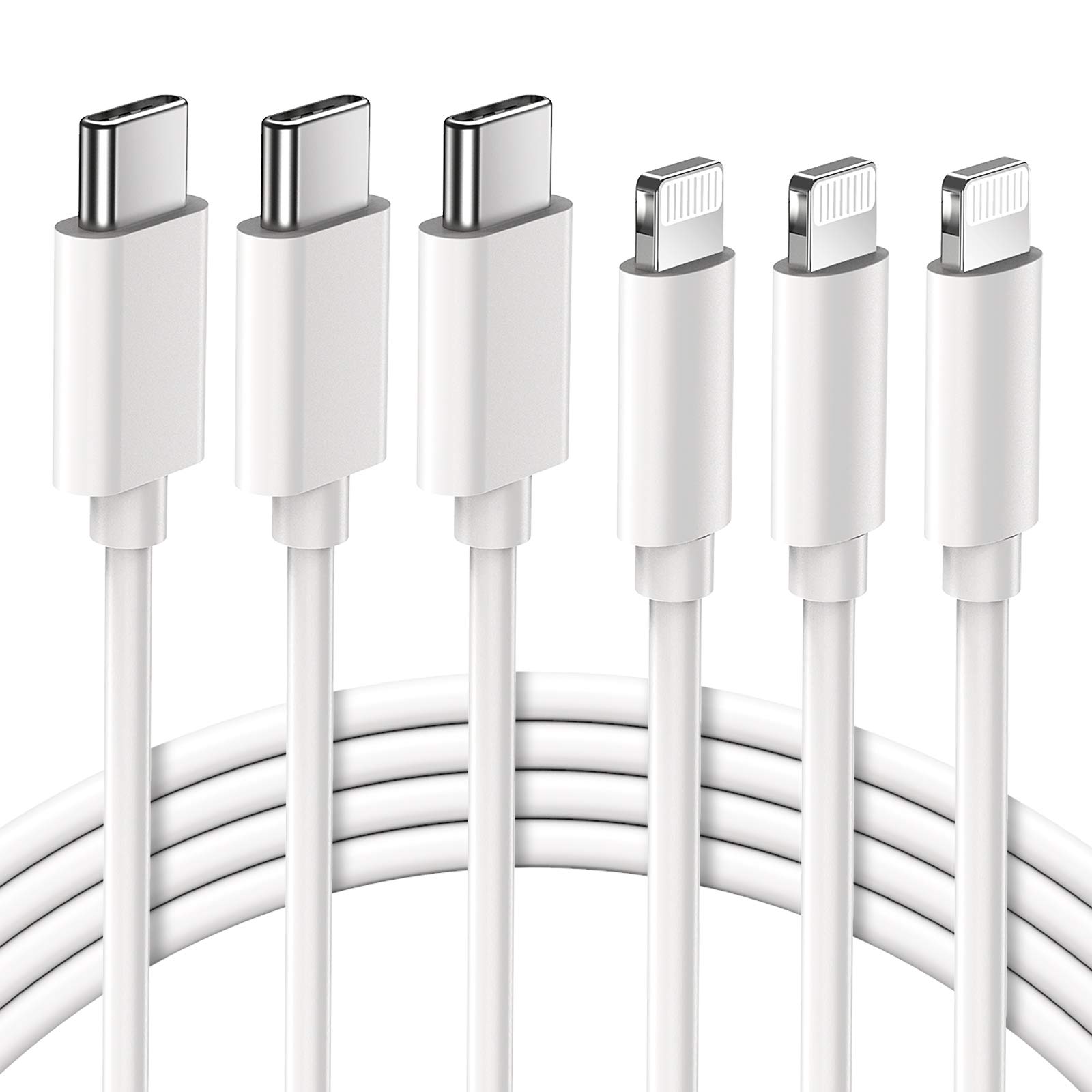Quntis USB C to Lightning Cable 3 Pack 6FT MFi Certified iPhone Fast Charger Cord Type C to Lightning Cable Charging Wire for iPhone 14 13 12 11 Pro Max X XS XR 8 7 6 Plus iPad AirPods Pro, White
