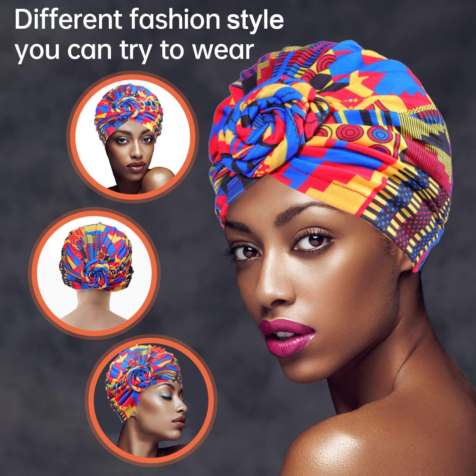 3PCS African Turban for Women,Flower Knot Headwraps,Pre-Tied Bonnet Beanie Cap,Elastic Head Wraps Hat,Hair Loss Hat Chemo Cap