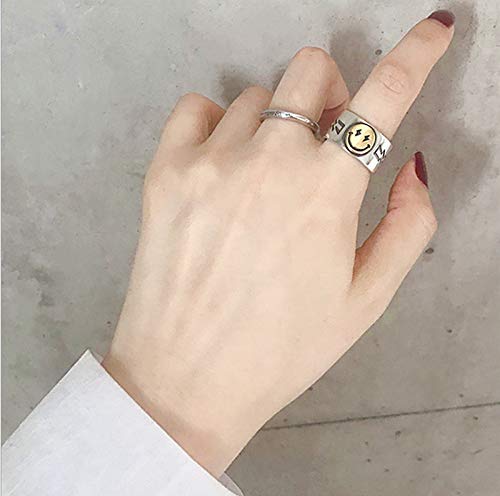 2 Pieces Smiley Face Rings for Women Gold Silver Smiley Ring Adjustable Wide Chunky Ring Vintage Statement Ring Jewelry for Women Girls (B:smiley face-silver)