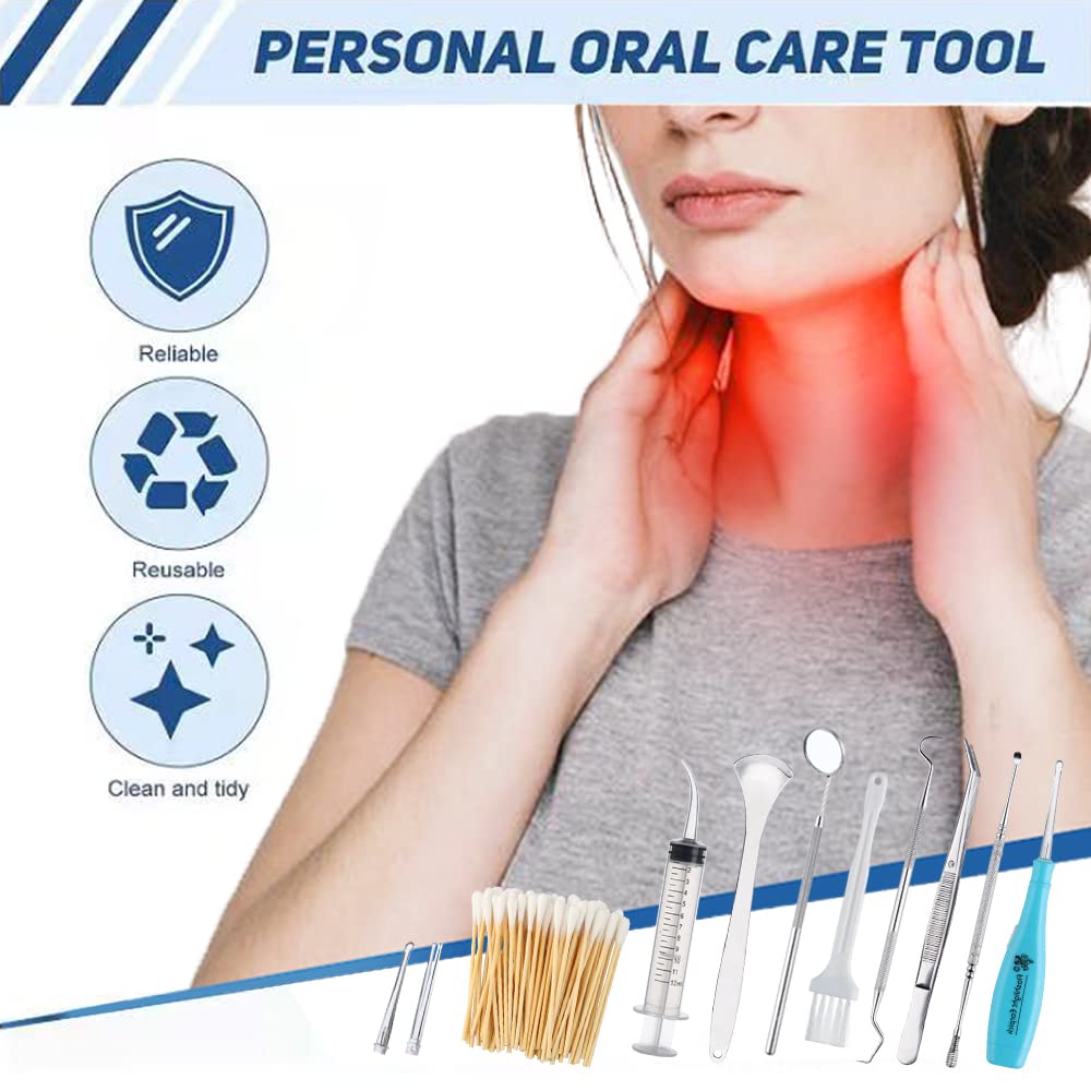 9 Pieces Upgraded Tonsil Stone Removal Set Include Stainless Steel Tonsil Stone Remover Tool Led Light Tongue Cleaner Scraper Tweezer,Cured Syringe for Oral Care (Blue)