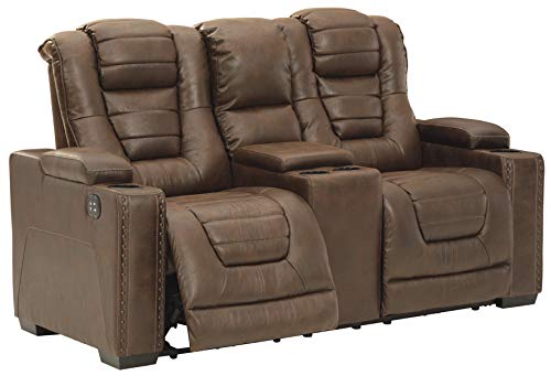 Signature Design by Ashley Owner's Box Faux Leather Power Reclining Loveseat with Center Console, Brown