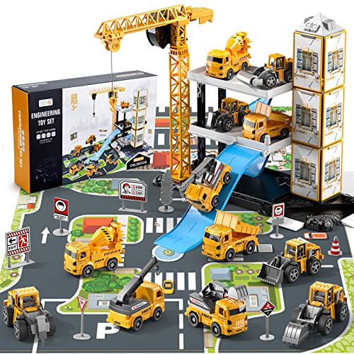 TEMI Construction Vehicles Toy for Boys, 60PCS Kids Engineering Trucks Vehicle w/Tractor, Crane, Dump, Excavator and Map, Birthday Gift Toys for 3 4 5 6 7 Year Old Boys Children Toddlers