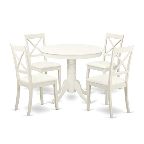 East West Furniture Antique 5 Piece Kitchen Set for 4 Includes a Round Table with Pedestal and 4 Faux Leather Dining Room Chairs, 36x36 Inch, Linen White